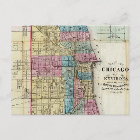 Vintage Map of Chicago (1869) Postcard | Zazzle.com