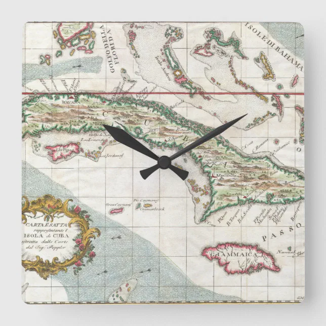 Vintage Map of Cuba and Jamaica (1763) Square Wall Clock | Zazzle