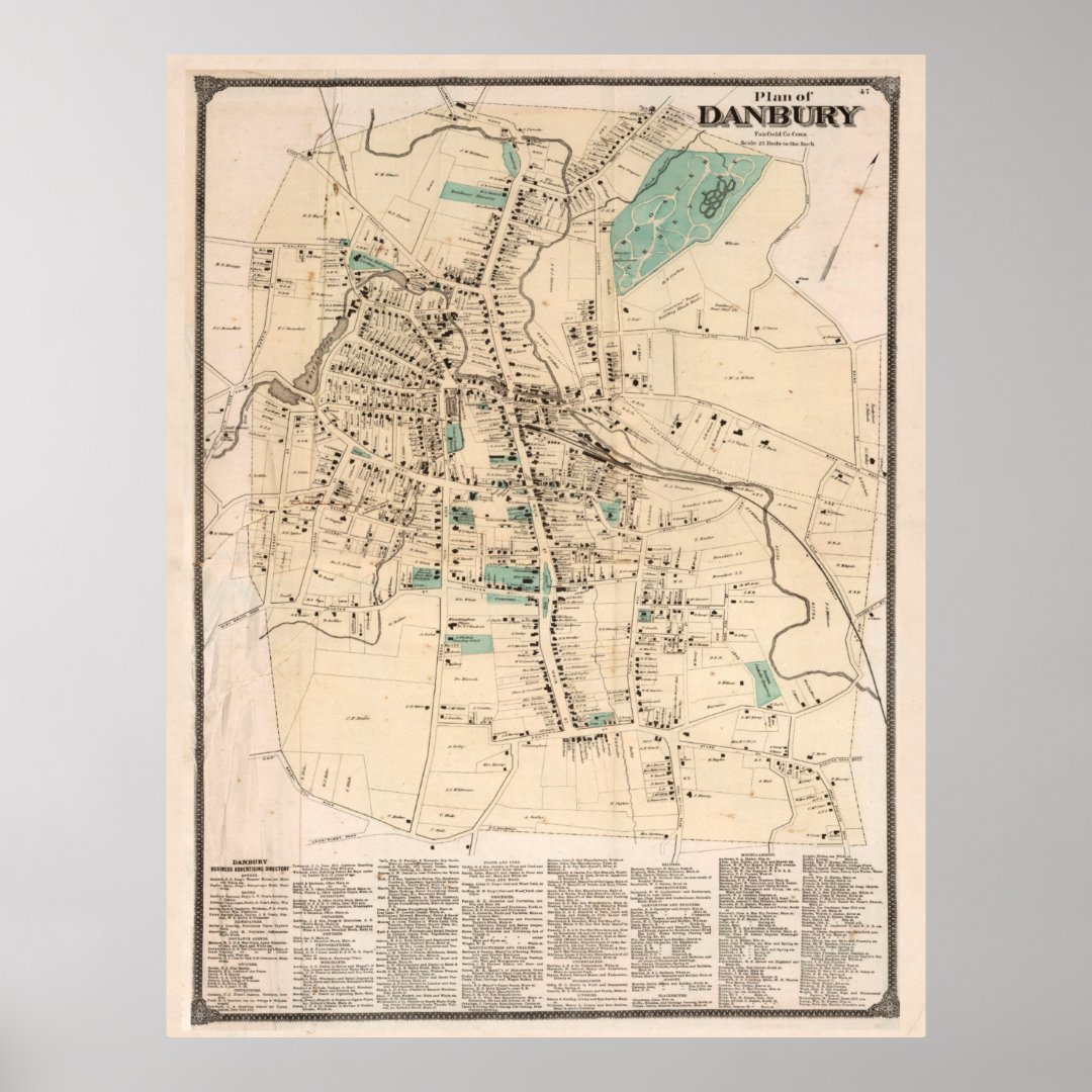 Vintage Map of Danbury Connecticut (1867) Poster | Zazzle
