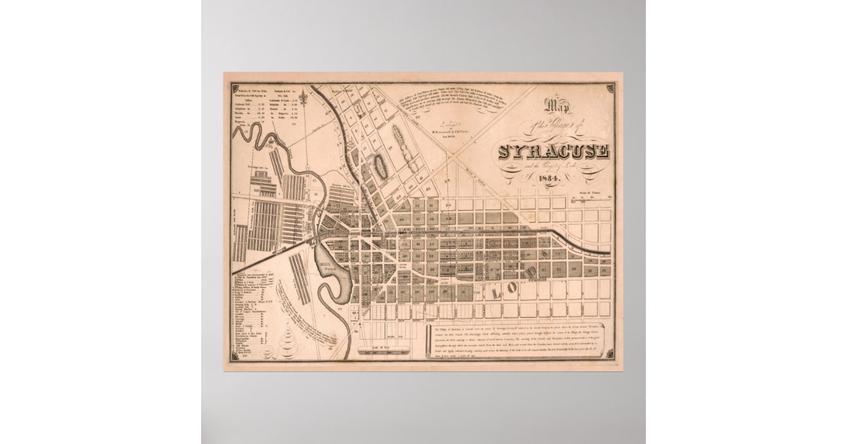 Vintage Map of Downtown Syracuse NY (1834) Poster | Zazzle
