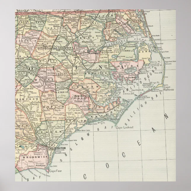 Vintage Map of Eastern North Carolina (1891) Poster | Zazzle