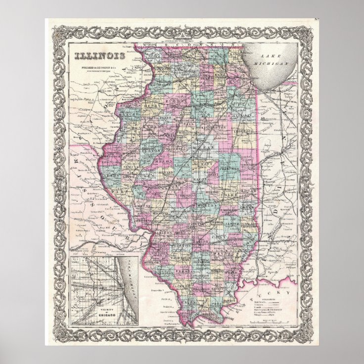Vintage Map of Illinois (1855) Poster | Zazzle