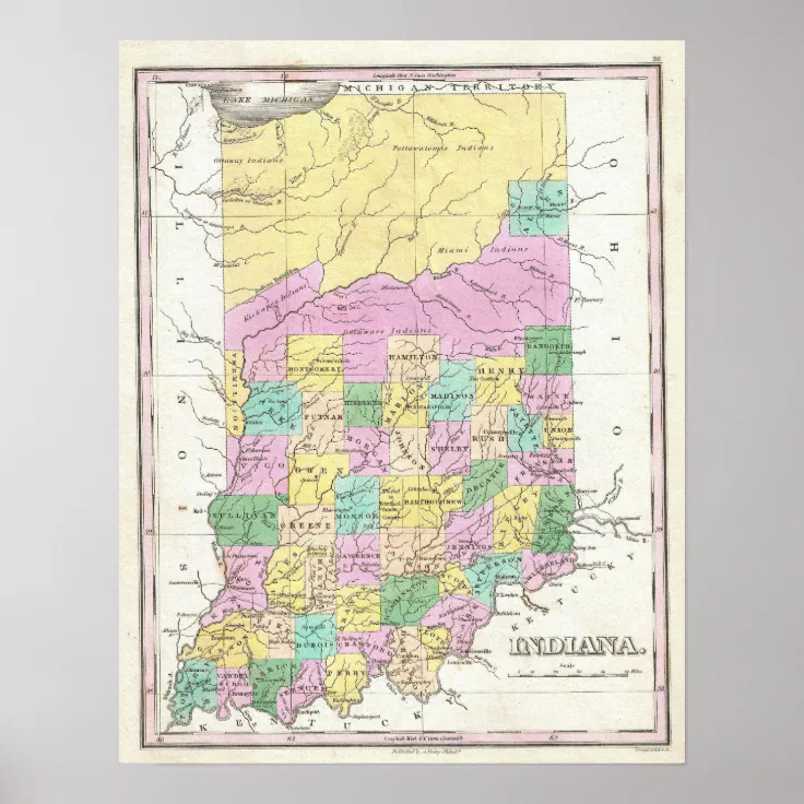Vintage Map of Indiana (1827) Poster | Zazzle