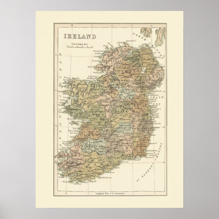 Vintage Map of Ireland 1862 Poster | Zazzle