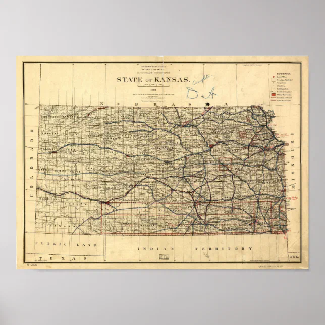 Vintage Map of Kansas (1884) Poster | Zazzle