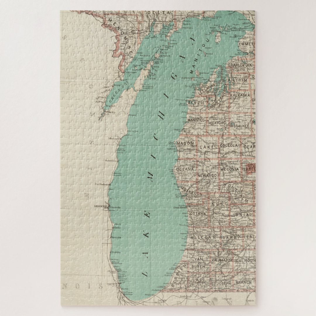 Vintage Map of Lake Michigan (1888) Jigsaw Puzzle | Zazzle