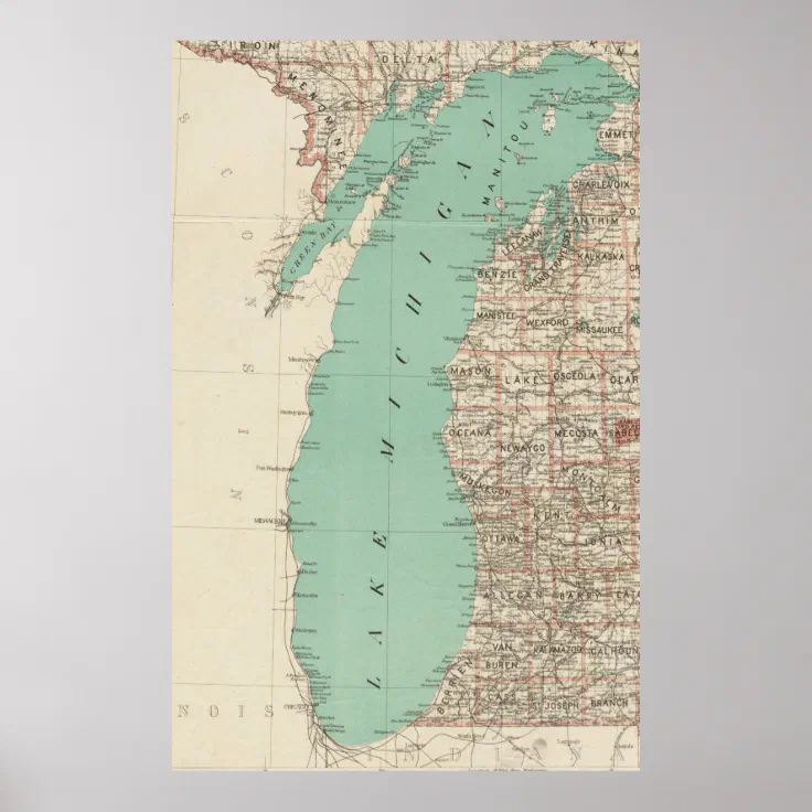 Vintage Map of Lake Michigan (1888) Poster | Zazzle