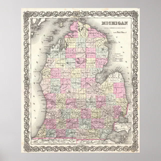 Vintage Map of Michigan (1855) Poster | Zazzle