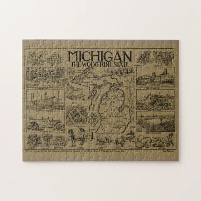 Vintage Map of Michigan (1912) - Tan Jigsaw Puzzle | Zazzle