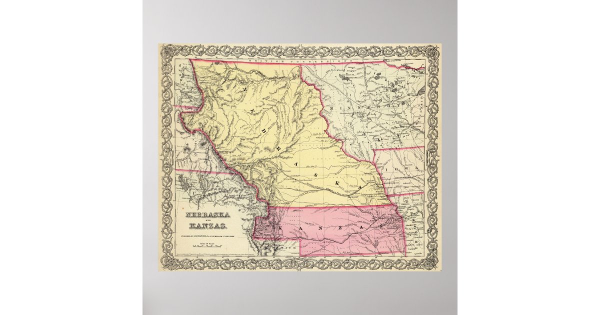 Vintage Map of Nebraska and Kansas (1856) Poster | Zazzle