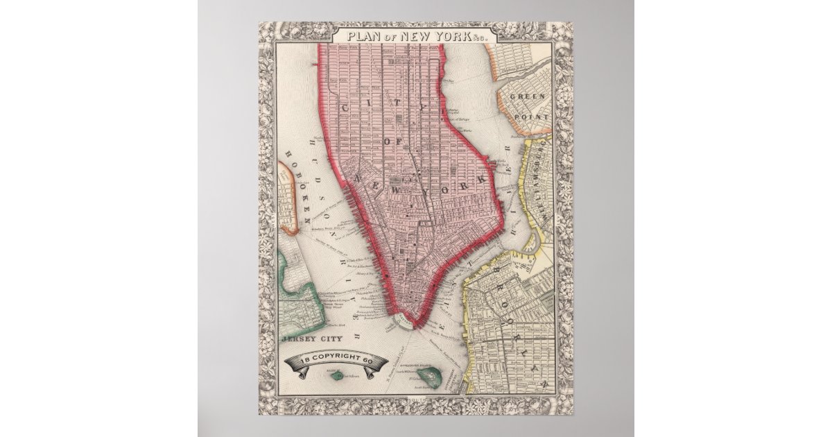 Vintage Map of New York & Brooklyn 1860 Poster | Zazzle.com