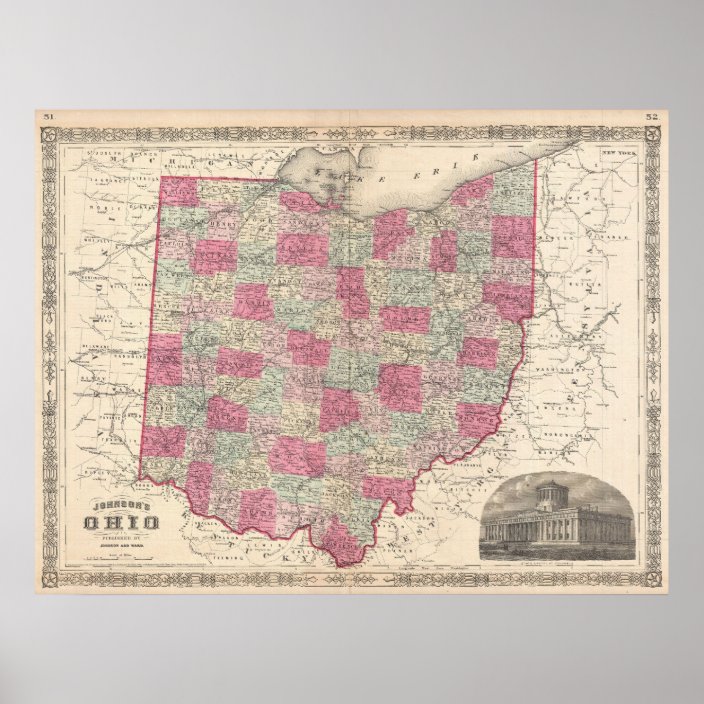 Vintage Map of Ohio (1864) Poster | Zazzle.com
