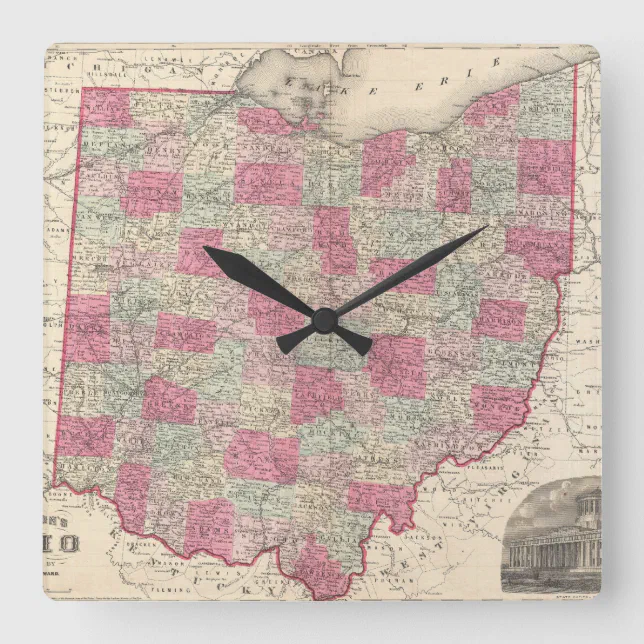 Vintage Map of Ohio (1864) Square Wall Clock | Zazzle