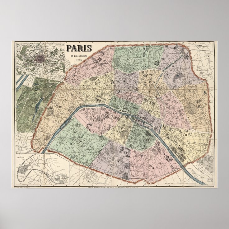 Vintage Map of Paris France 1878 Poster | Zazzle