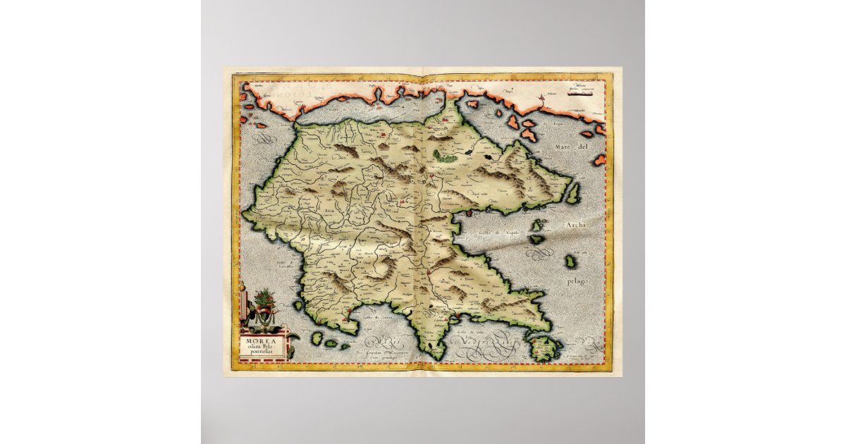Vintage Map of Peloponnese (1596) Poster | Zazzle