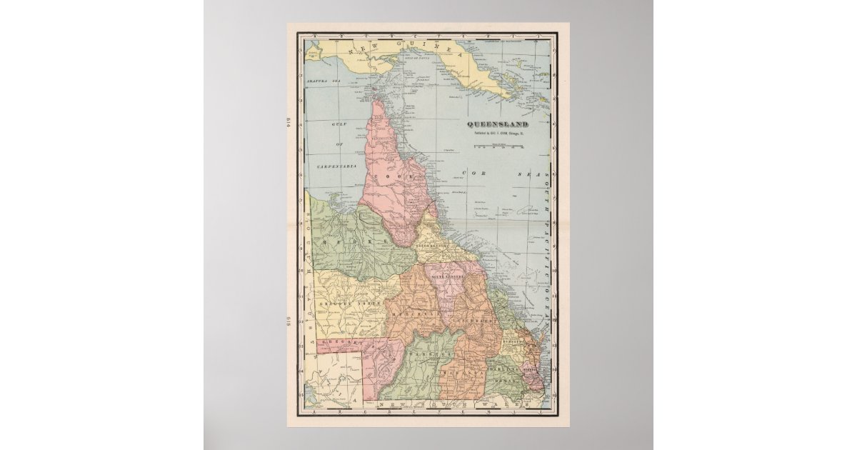 Vintage Map of Queensland Australia (1901) Poster | Zazzle