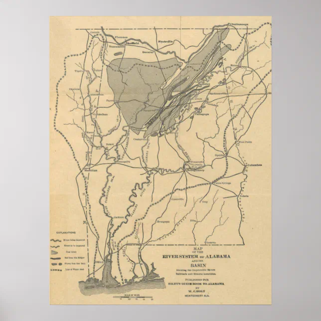 Vintage Map of River System of Alabama (1887) Poster | Zazzle