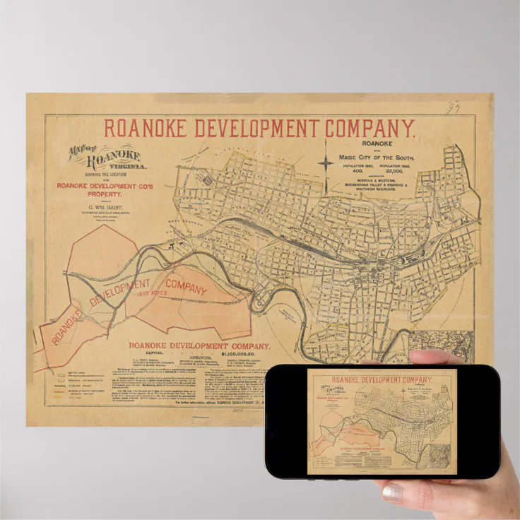 Vintage Map of Roanoke VA (1890) Poster | Zazzle