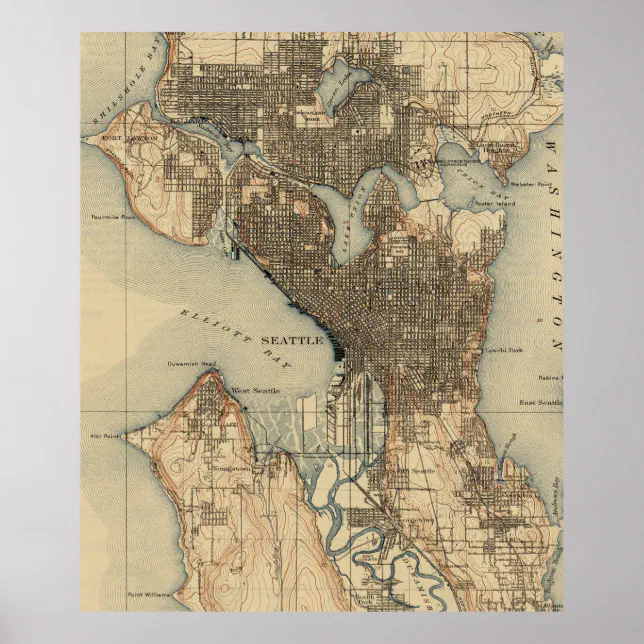 Vintage Map of Seattle Washington (1908) 2 Poster | Zazzle
