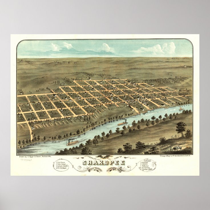 Vintage Map of Shakopee MN (1869) Poster | Zazzle