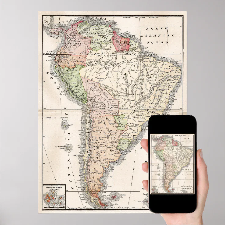 Vintage Map of South America Poster | Zazzle