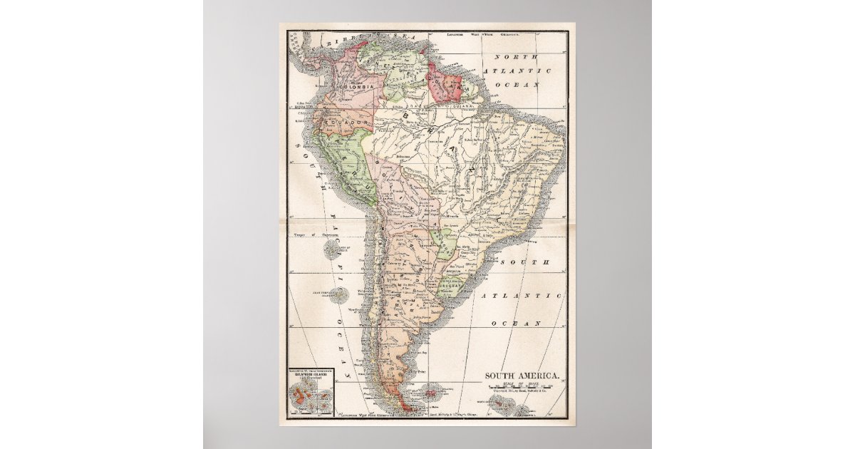Vintage Map of South America Poster | Zazzle