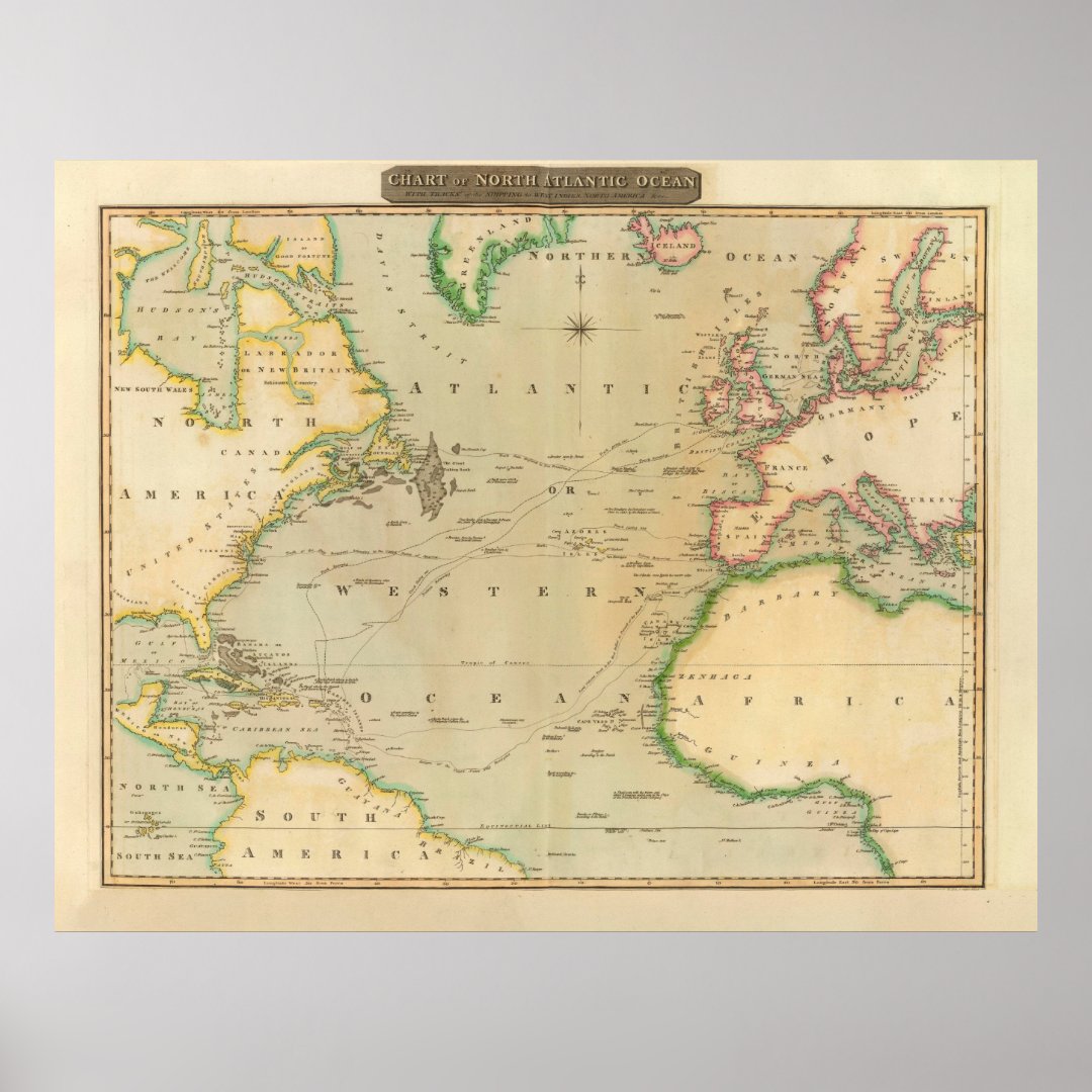 Vintage Map of the Atlantic Ocean (1817) Poster | Zazzle