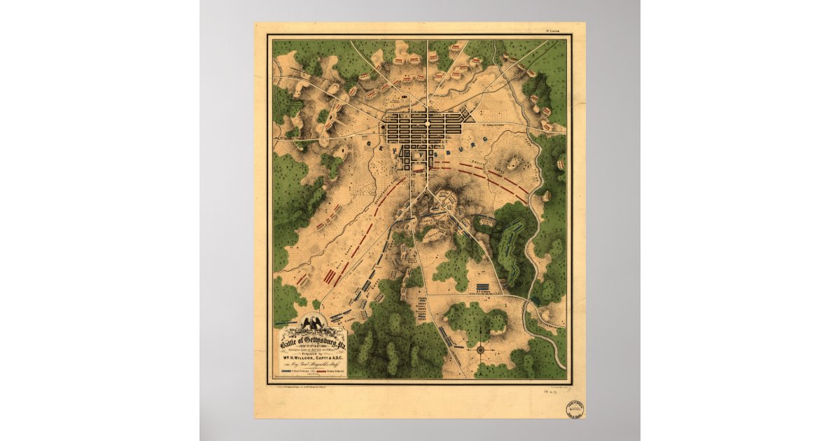 Vintage Map of The Gettysburg Battlefield (1863) 3 Poster | Zazzle