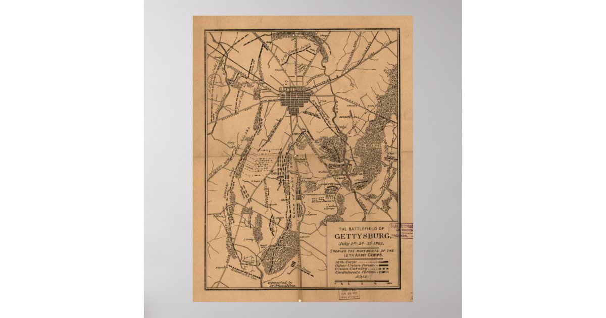 Vintage Map of The Gettysburg Battlefield (1863) 4 Poster | Zazzle