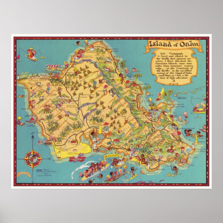 Vintage Map of the Island of Oahu Poster | Zazzle
