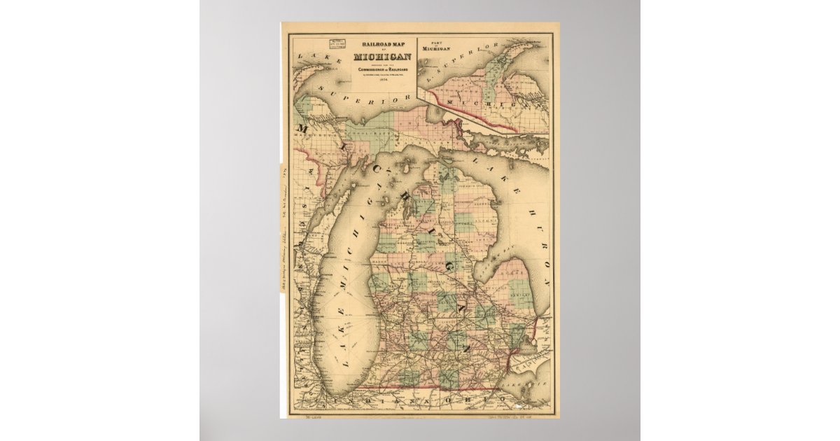 Vintage Map of The Michigan Railroads (1876) Poster | Zazzle