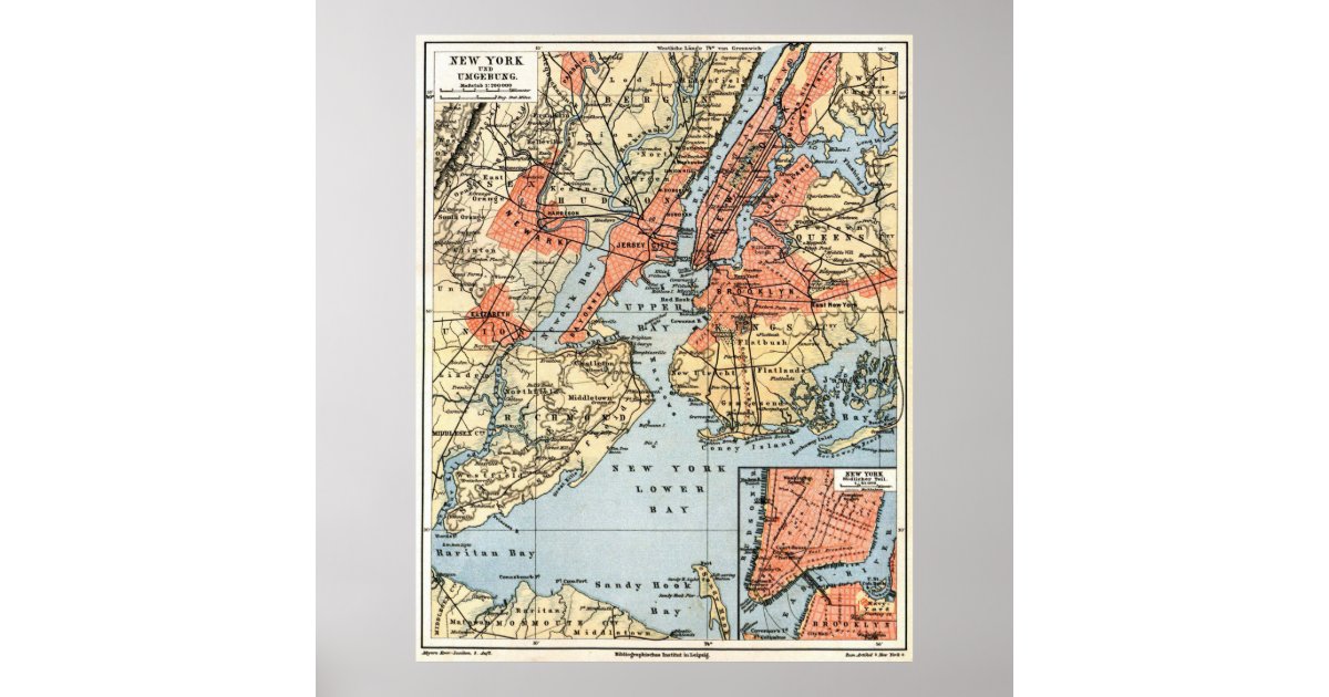 Vintage Map of The New York City Vicinity (1890) Poster | Zazzle