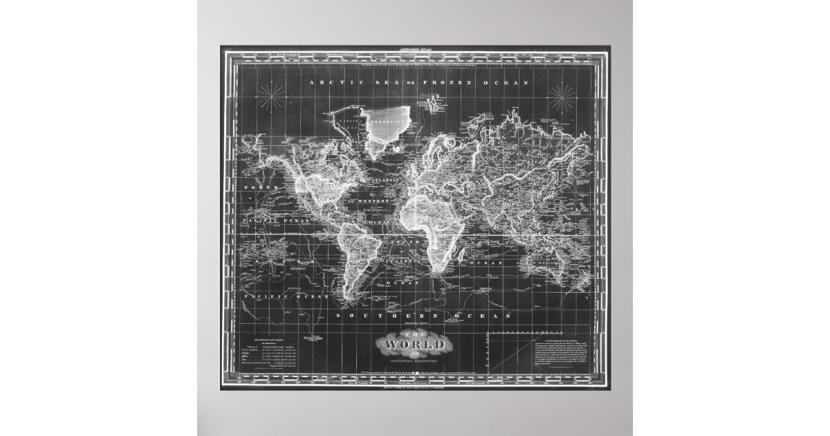 Vintage Map of The World (1833) Black & White Poster | Zazzle