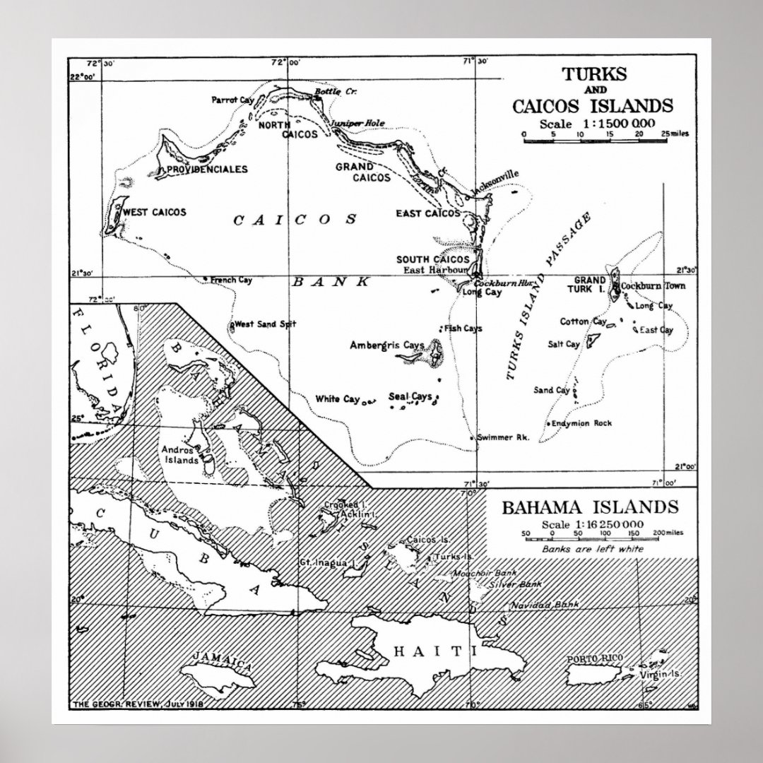 Vintage Map of Turks and Caicos & Bahamas Poster | Zazzle