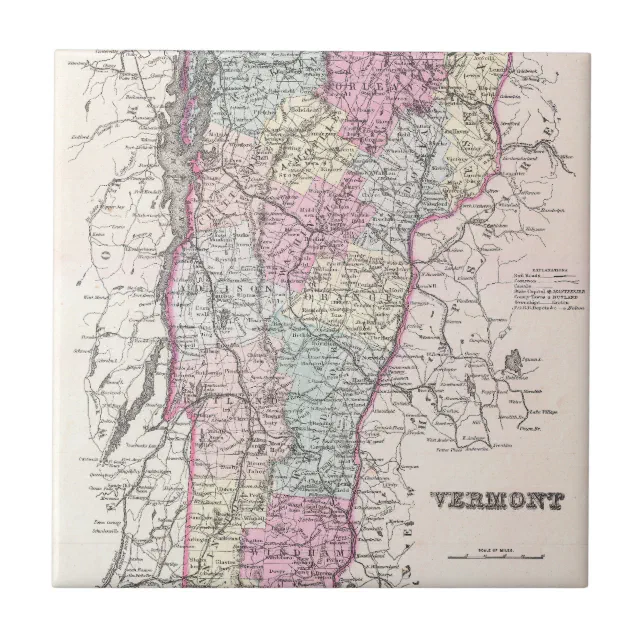 Vintage Map of Vermont (1855) Tile | Zazzle