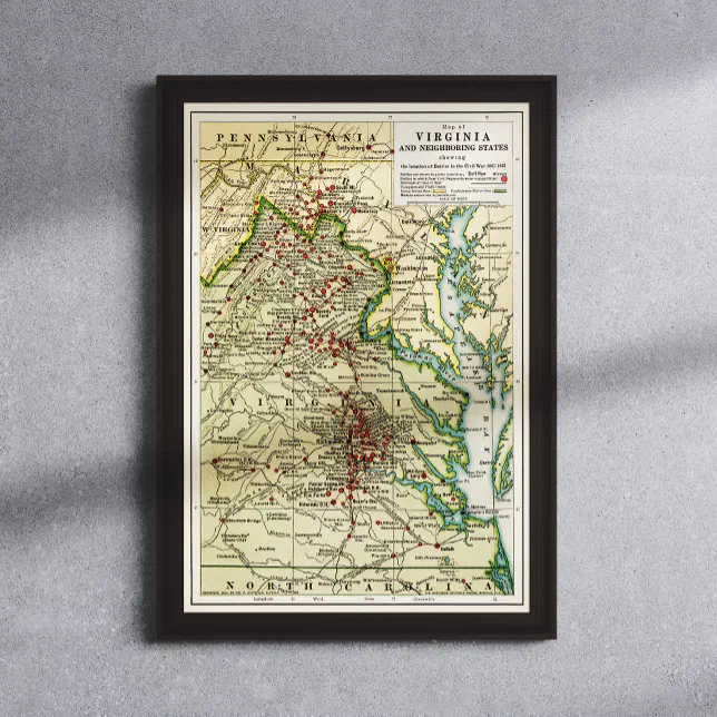 Vintage Map of Virginia Battles During Civil War Poster | Zazzle