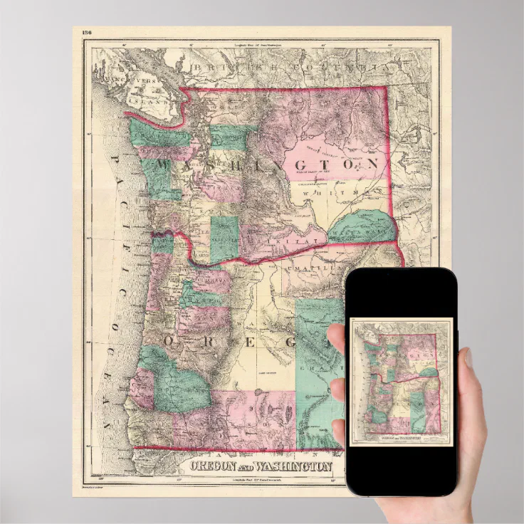 Vintage Map of Washington and Oregon (1875) Poster | Zazzle