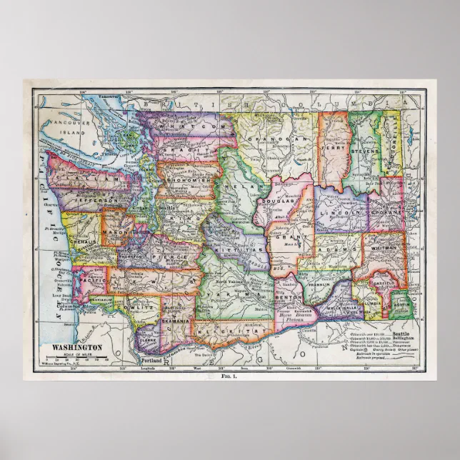 Vintage Map of Washington State Poster | Zazzle