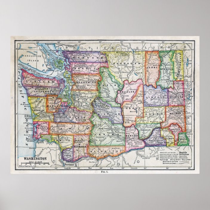 Vintage Map of Washington State Poster | Zazzle.com