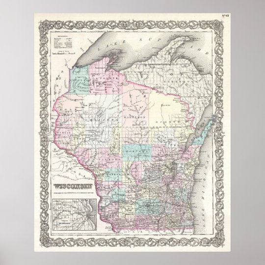 Vintage Map of Wisconsin (1855) Poster | Zazzle.com