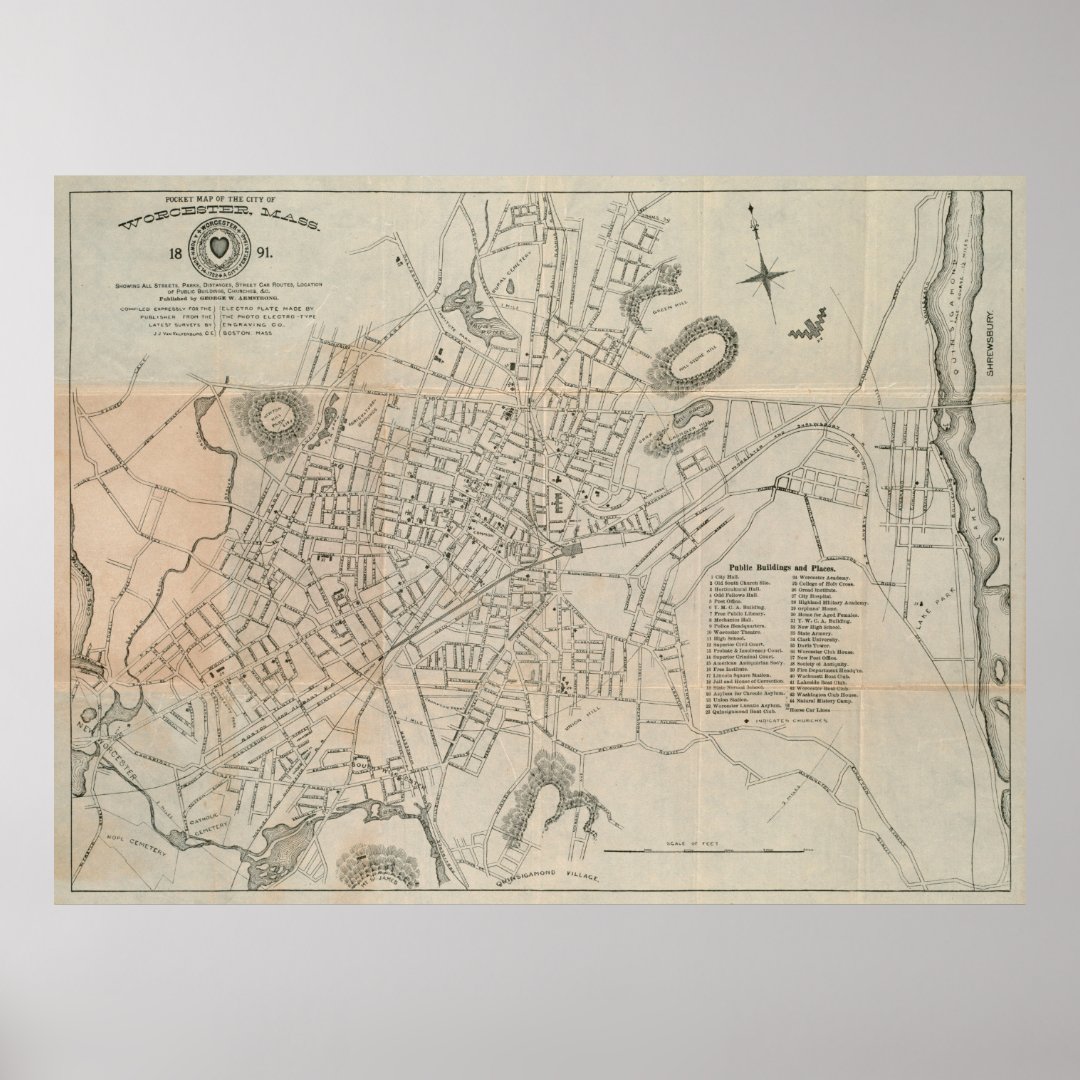 Vintage Map of Worcester MA (1891) Poster | Zazzle