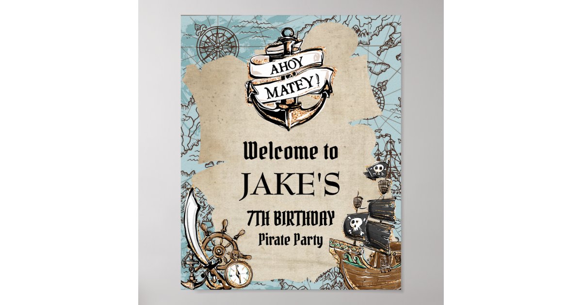 Vintage Map Pirate Treasure Birthday Party Welcome Poster | Zazzle