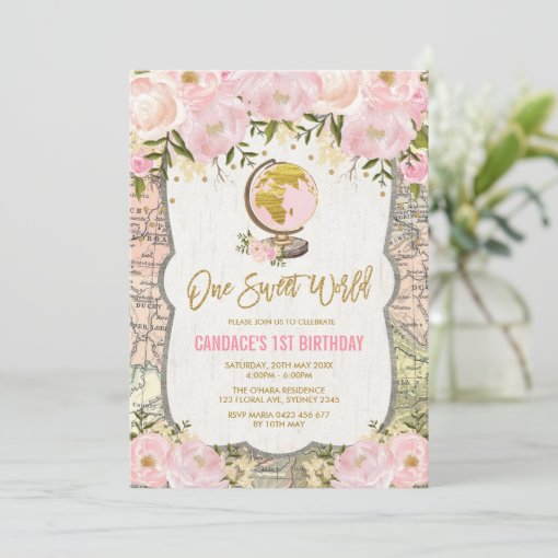 Vintage Map Travel Floral Adventure Girls Birthday Invitation | Zazzle