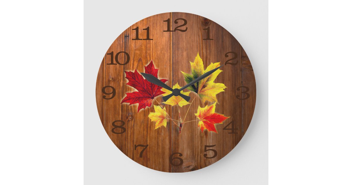 Vintage Maple leaves in wood grain Large Clock | Zazzle