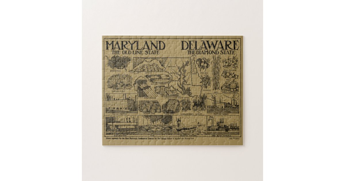 Vintage Maryland and Delaware Illustrative Map Jigsaw Puzzle | Zazzle