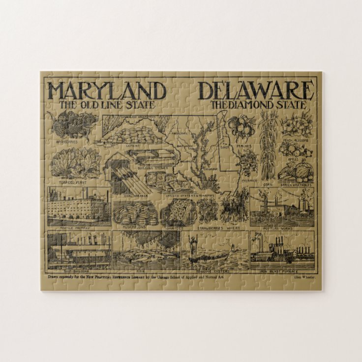 Vintage Maryland and Delaware Illustrative Map Jigsaw Puzzle | Zazzle