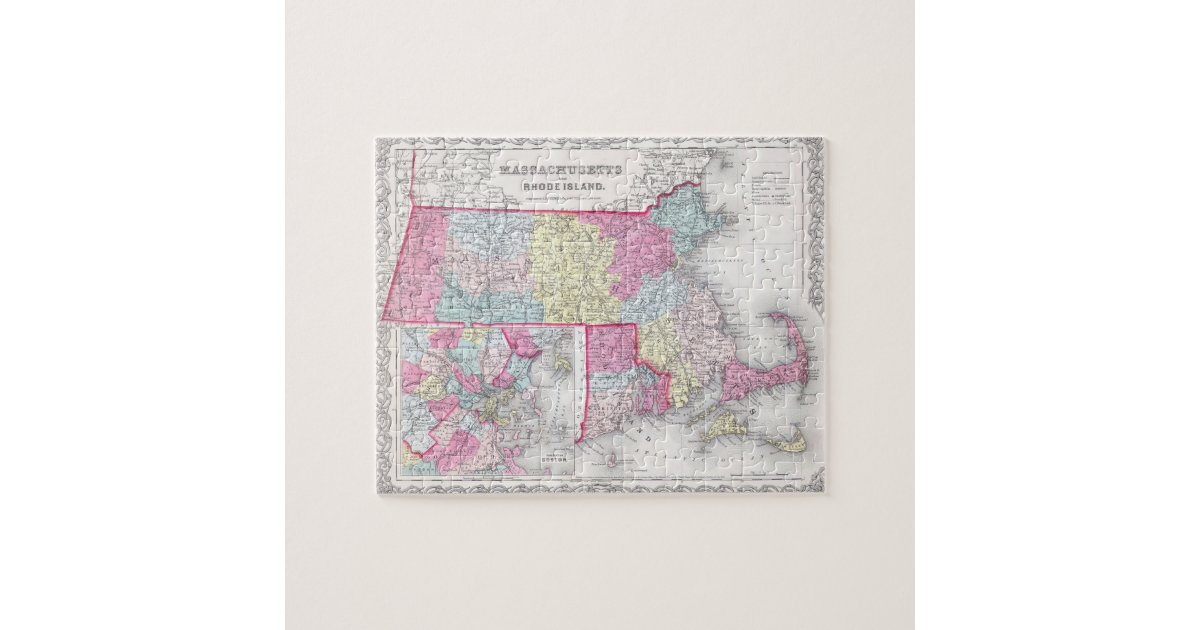 Vintage Massachusetts and Rhode Island Map (1855) Jigsaw Puzzle | Zazzle