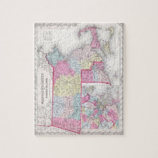 Vintage Massachusetts and Rhode Island Map (1855) Jigsaw Puzzle | Zazzle