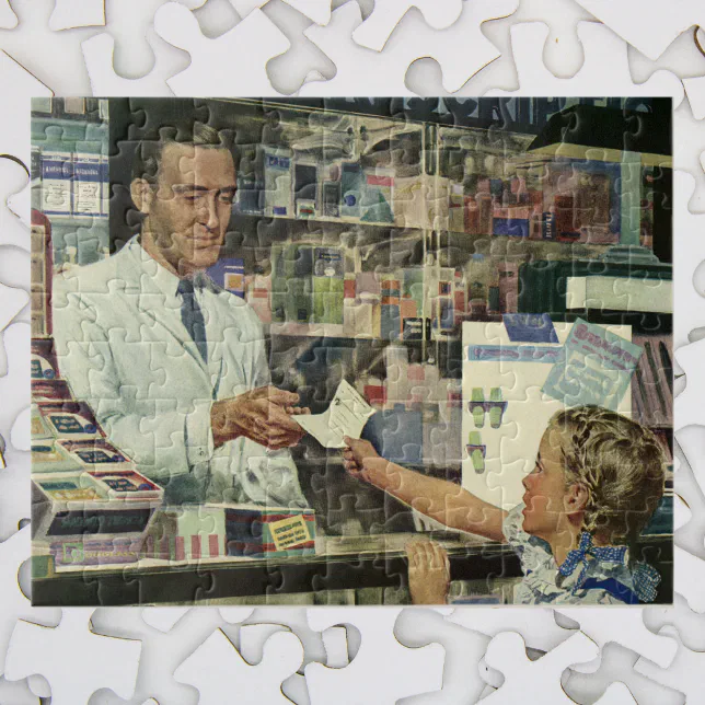 Vintage Medicine, Pharmacist and Girl at Pharmacy Jigsaw Puzzle | Zazzle