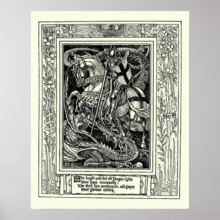Vintage Medieval Knight Slaying Dragon by W. Crane Poster | Zazzle